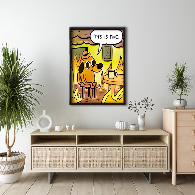 This is Fine Meme Canvas Print - Funny Comic Dog in Fire Art - Ironic ...