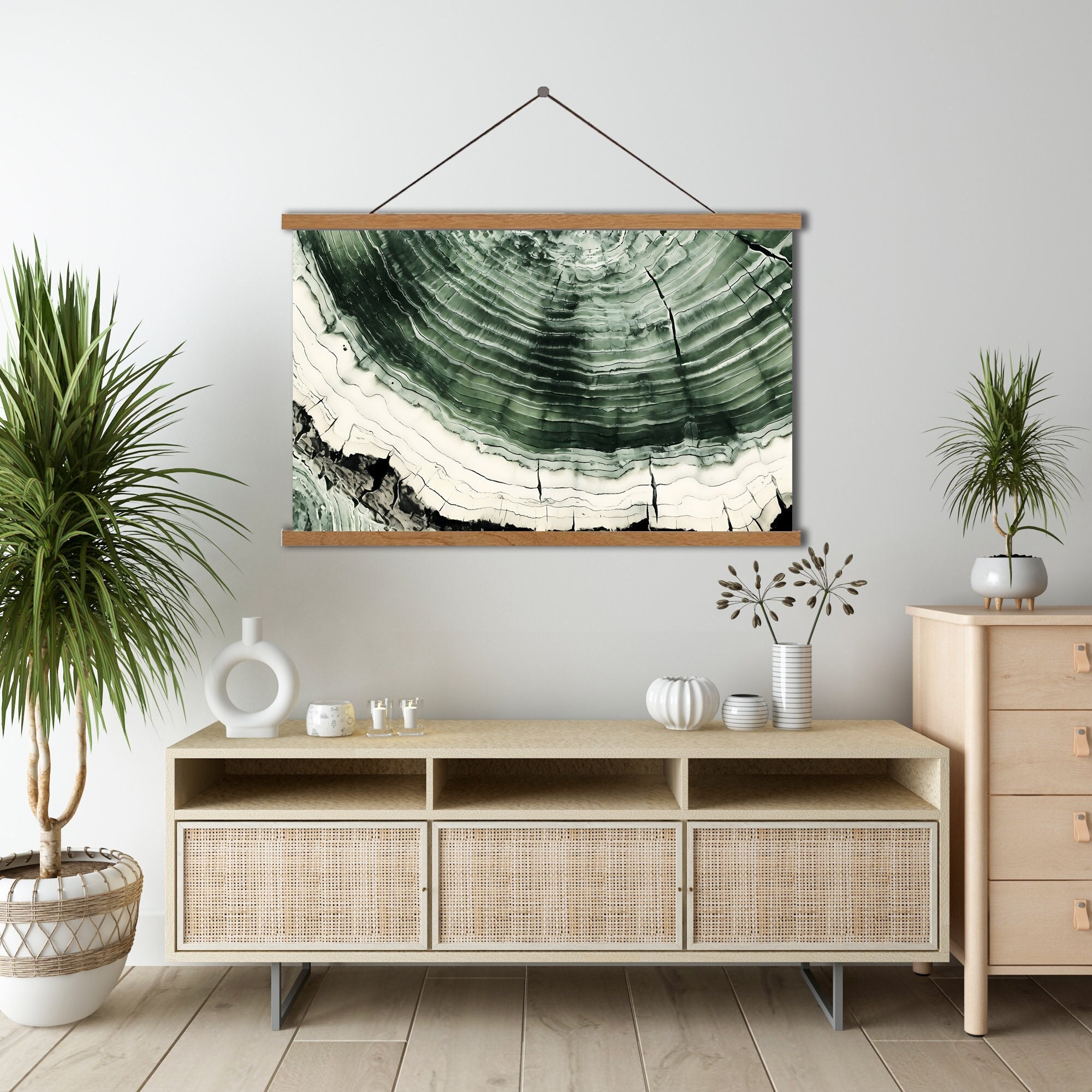 Hanging Canvas Tree Ring Wall Art, Green Watercolor Tree Stump, Wood ...