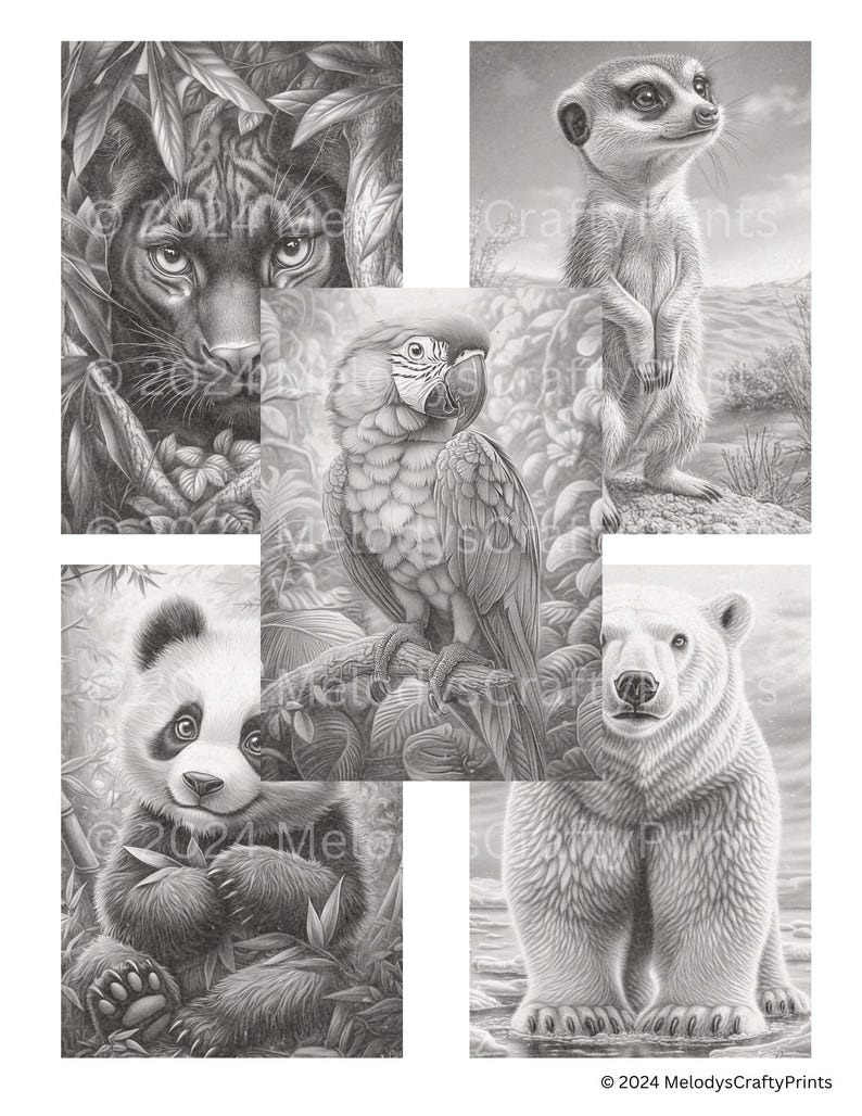 Wild Animals Grayscale Coloring Pages: Adult Relaxation, Safari Jungle ...