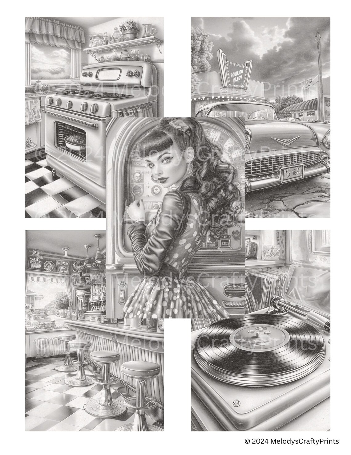 Retro 50s 60s Coloring Pages: Classic American Diner & Cars (PDF ...