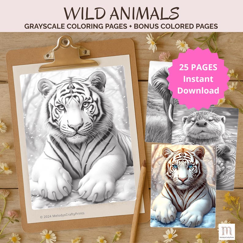 Wild Animals Grayscale Coloring Pages: Adult Relaxation, Safari Jungle ...