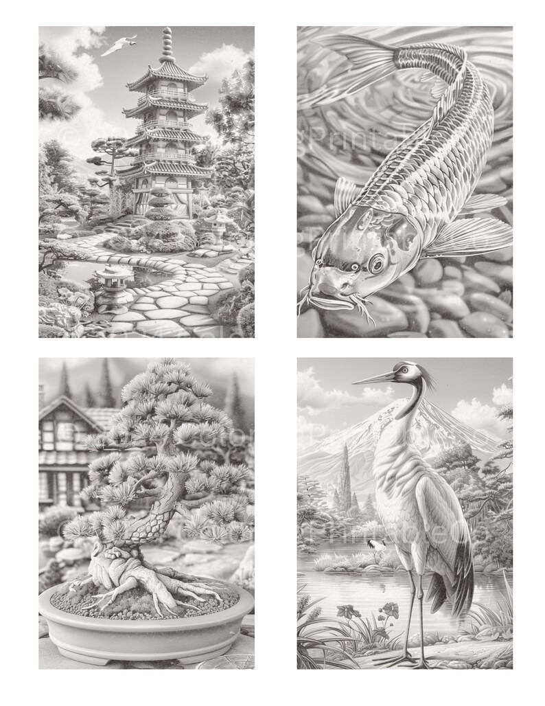Japanese Zen Garden Coloring Pages for Adults - Grayscale Koi Fish ...