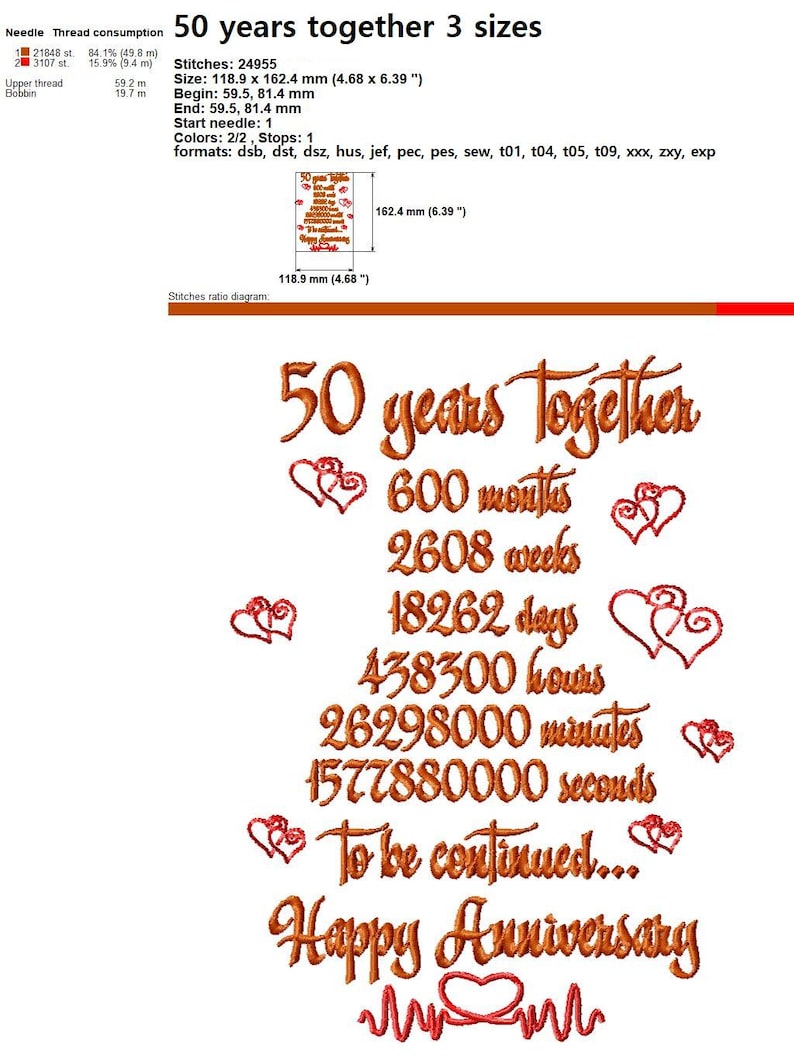 50th Anniversary Embroidery Design, Golden Wedding Gift (digital ...
