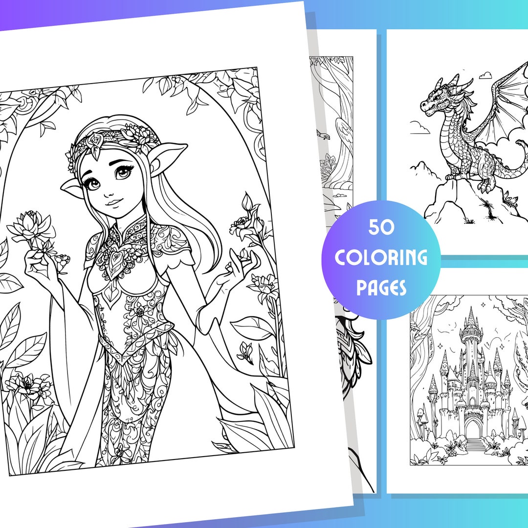 Fantasy World 50 Whimsical Coloring Pages - Dragons, Elves, Castles ...