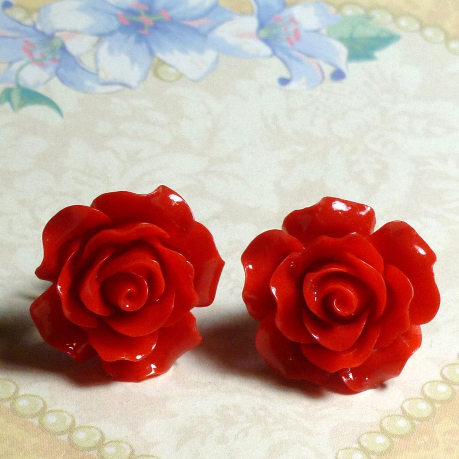 Large Bright Cherry Red Rose Resin Flower Surgical Steel Post | Etsy