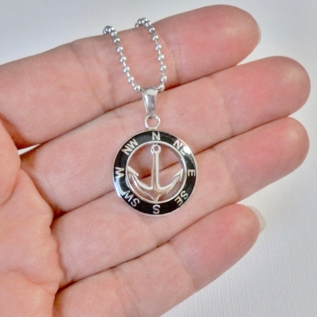 Stainless Steel Black Enameled Nautical Anchor Compass Pendant Necklace ...