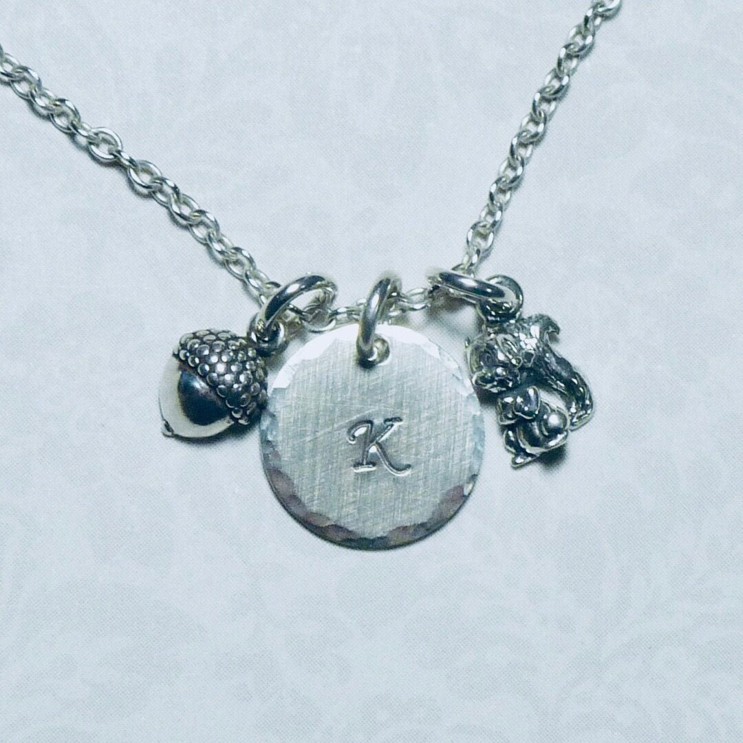 Squirrel and Acorn Hand Stamped Sterling Silver Petite Initial Charm ...
