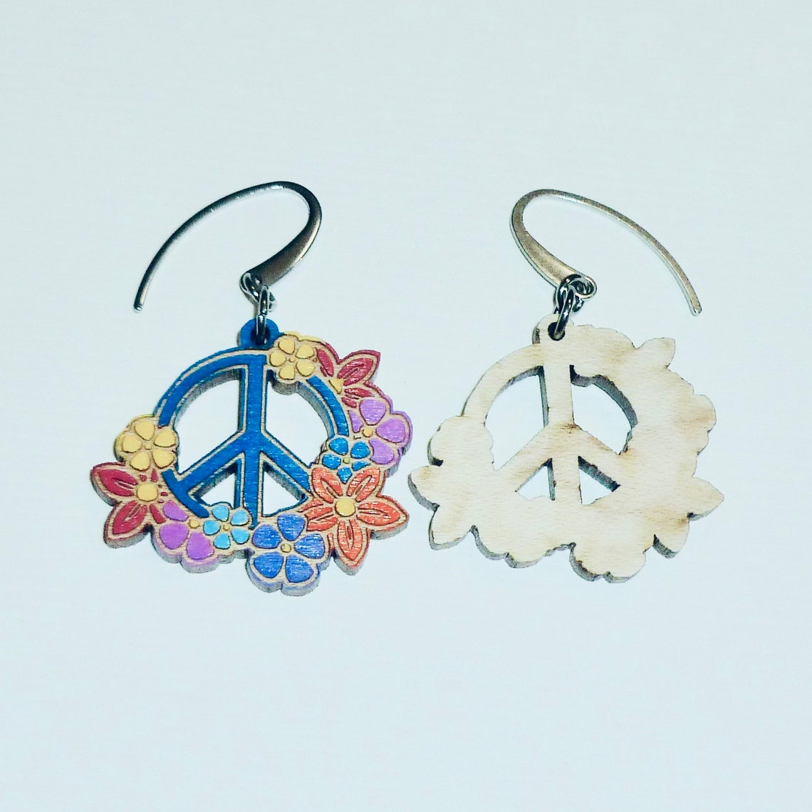 Floral Peace Sign Hand Painted Laser Cut Wood Earrings, Wooden Diffuser ...