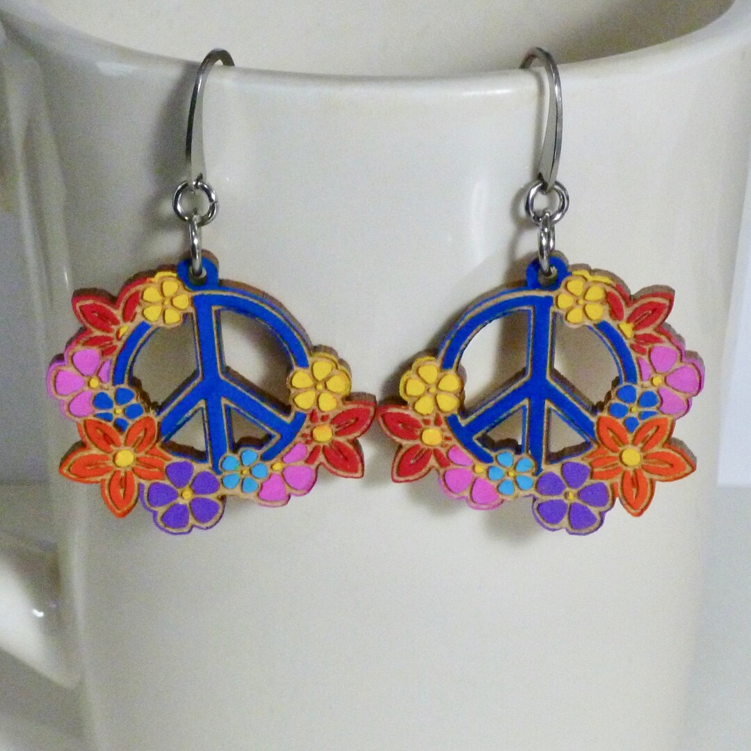 Floral Peace Sign Hand Painted Laser Cut Wood Earrings, Wooden Diffuser ...