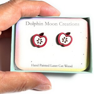Hand Painted Laser Cut Wooden Apple Stud Earrings - Etsy