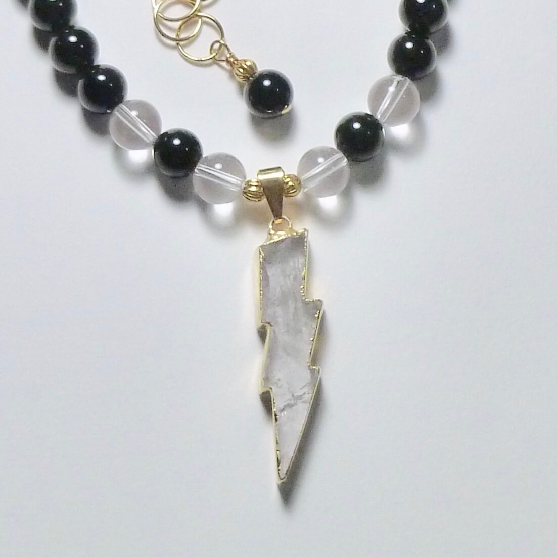 Black Onyx and Crystal Quartz Beaded Lightning Thunder Bolt Gemstone ...