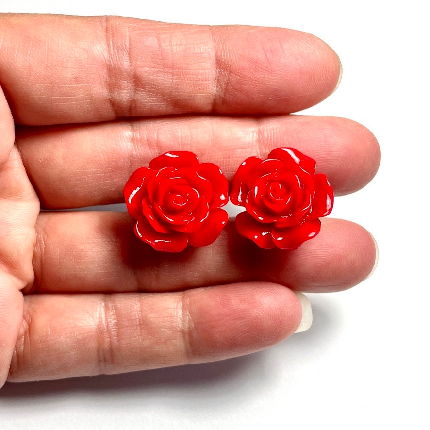 Large Bright Cherry Red Rose Resin Flower Surgical Steel Post | Etsy