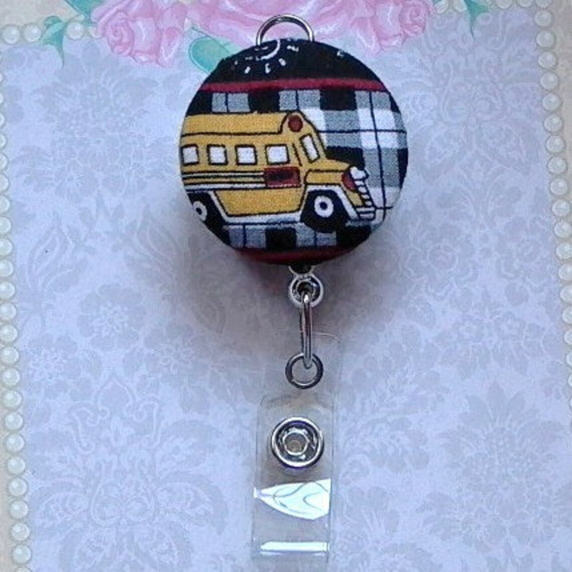 School Bus Fabric Button Retractable ID Badge Holder Keychain - School ...