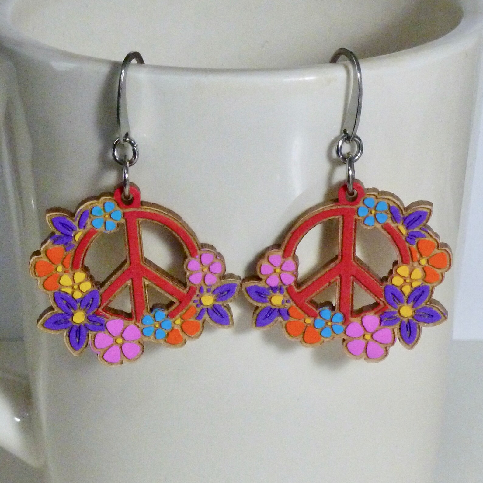 Floral Peace Sign Hand Painted Laser Cut Wood Earrings, Wooden Diffuser ...