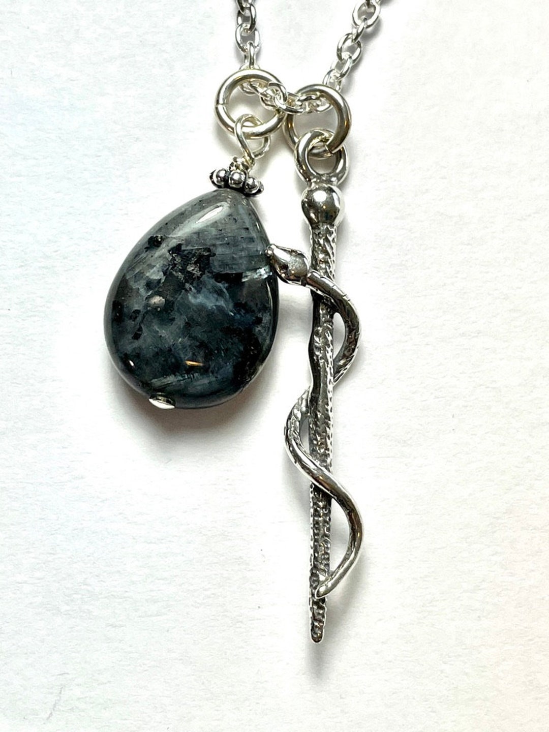 Rod of Asclepius Sterling Silver Charm Necklace With Larvikite ...