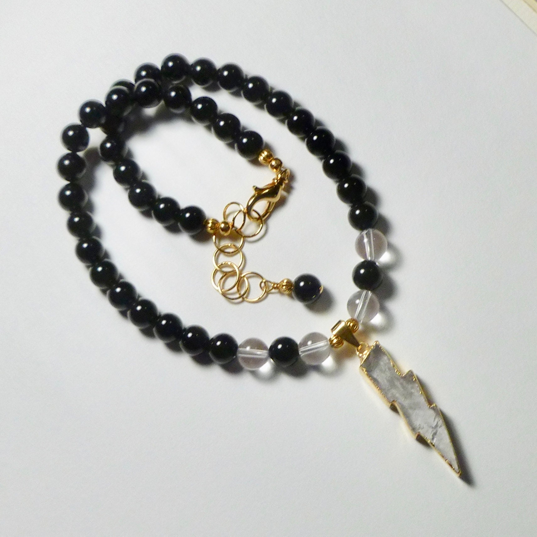 Black Onyx and Crystal Quartz Beaded Lightning Bolt Gemstone | Etsy