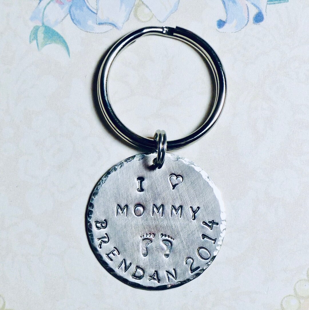 I Love Mommy Hand Stamped Keychain With Little Baby Feet - Personalized ...