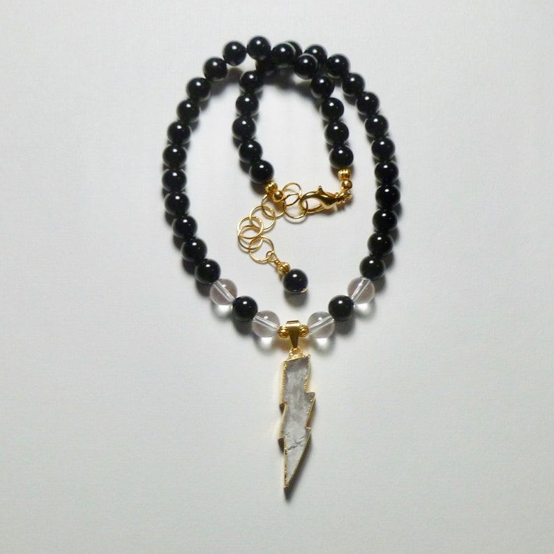 Black Onyx and Crystal Quartz Beaded Lightning Bolt Gemstone | Etsy