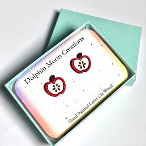 Hand Painted Laser Cut Wooden Apple Stud Earrings - Etsy