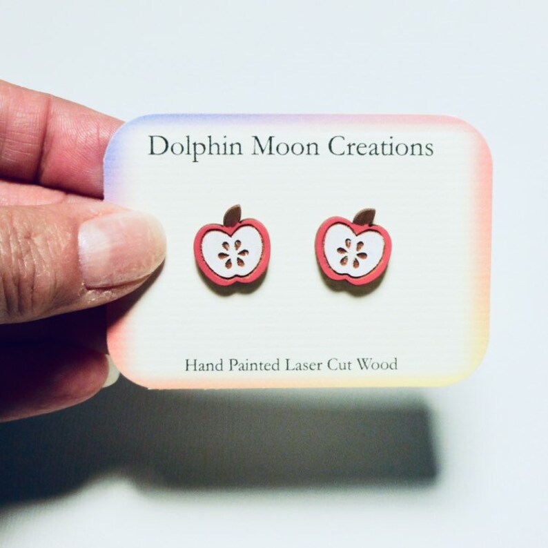 Hand Painted Laser Cut Wooden Apple Stud Earrings - Etsy