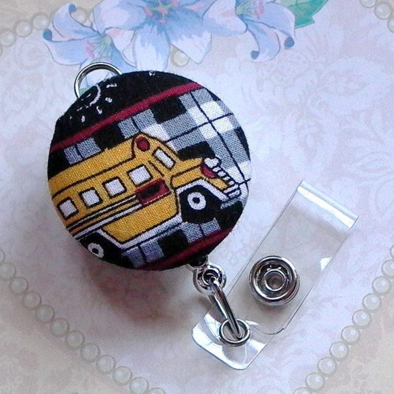 School Bus Fabric Button Retractable ID Badge Holder Keychain - School ...
