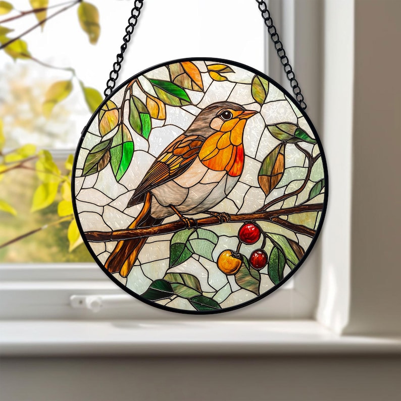 Robin Bird Faux Stained Glass, Robin Stained Glass Suncatcher, Birthday ...