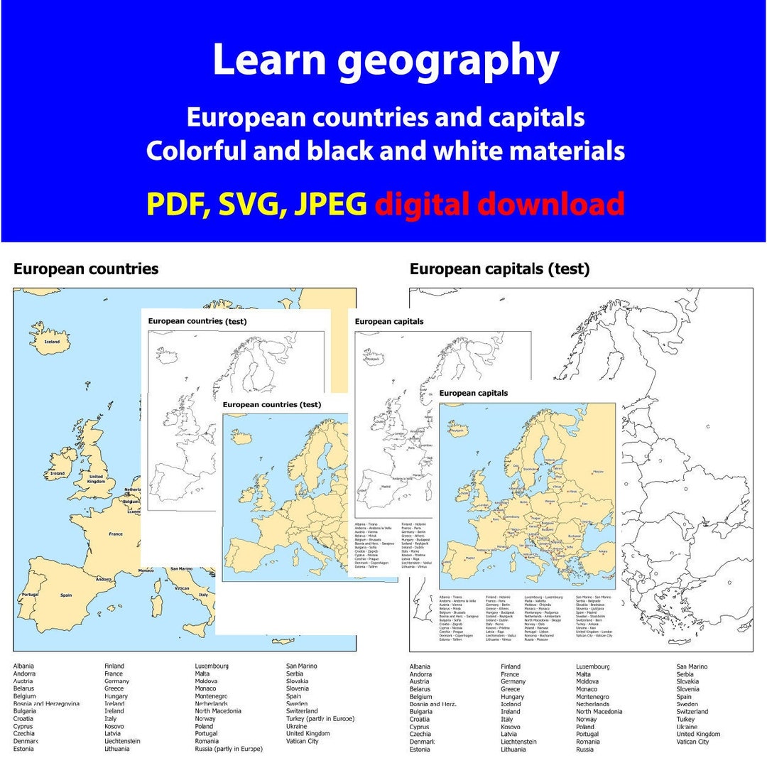 European Countries and Capitals Geography Learning Materials - Maps - Etsy