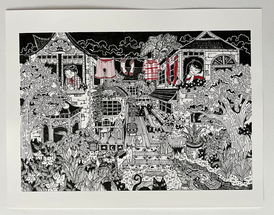 Cats in the City Drawing Print Cat Lover Fine Art Wall Decor Wall Art ...