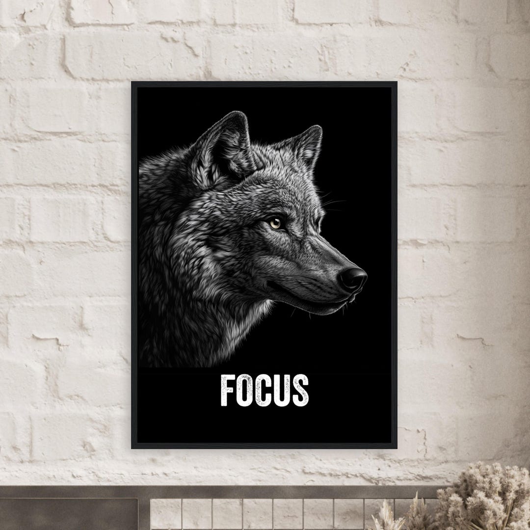 FOCUS, Wolf Motivational Wall Art, Wooden Framed Poster, Black & White ...