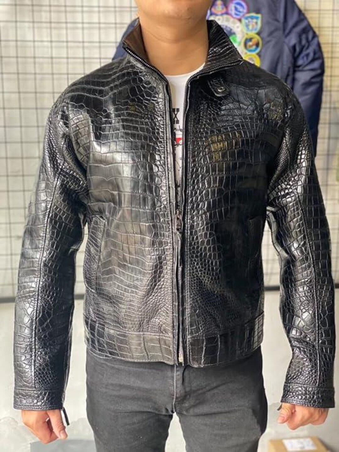 Handmade Men's Crocodile Leather Jacket Alligator Textured Embosed ...