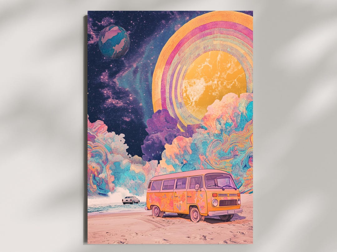 Surreal Trippy Van Poster - Dreamy Vintage Bus Art - Cosmic Beach Print ...