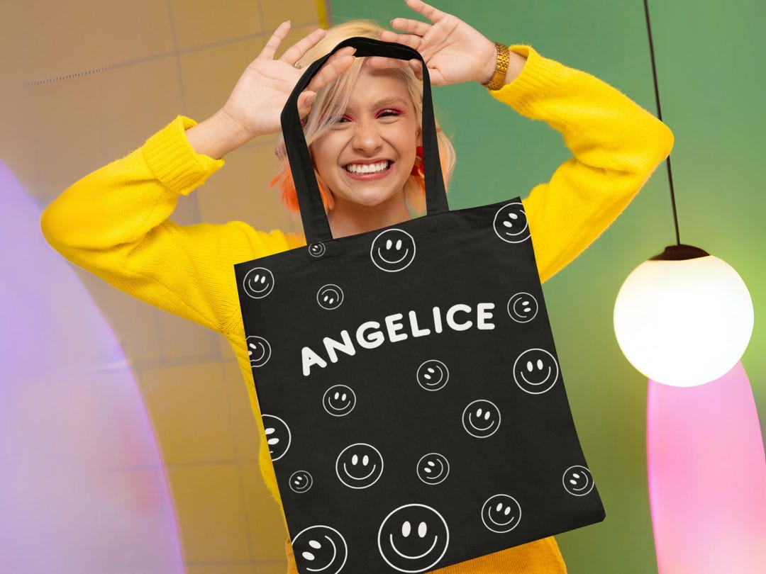 Personalized Smiley Face Tote Bag, Custom Name Aesthetic Bag, Unique ...