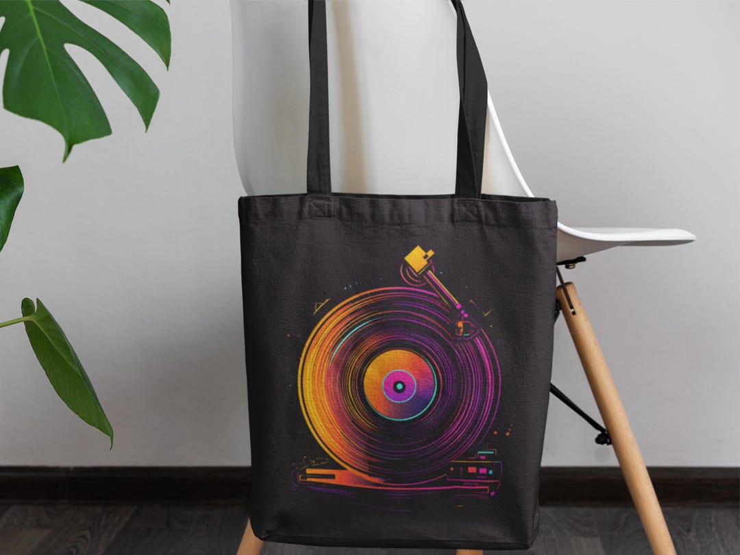 Personalized DJ Tote Bag, Neon Vinyl Record Turntable Design - Etsy