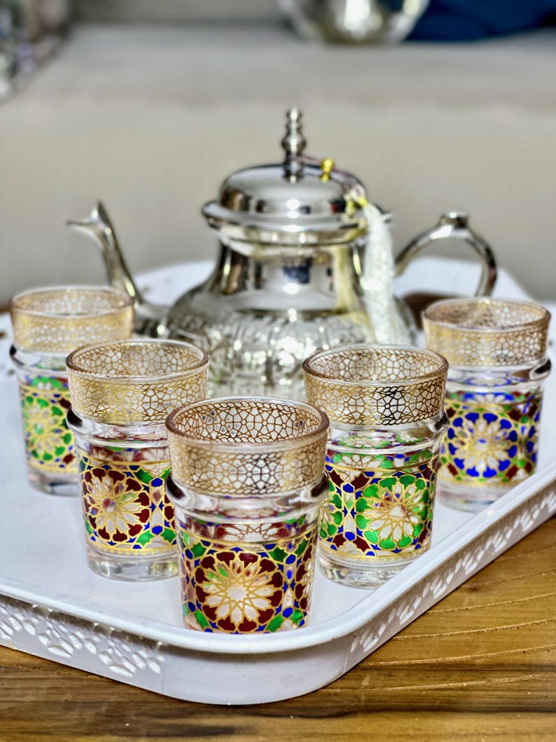 Moroccan Tea Glasses Set of 6: Hand-blown Beldi Cups With Gold Rim - Etsy