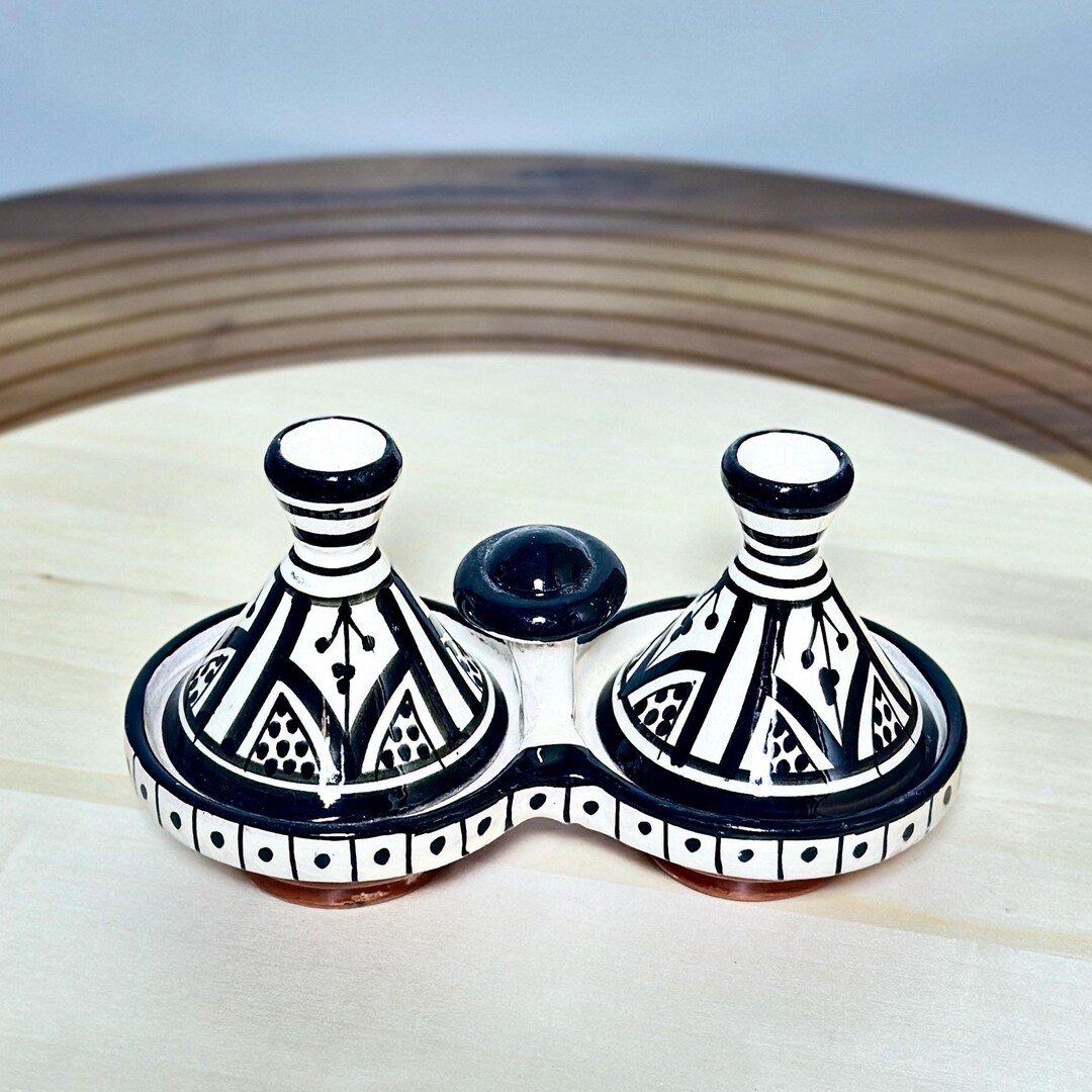 Moroccan Double Mini Tajine Set | Black & White Hand-painted Ceramic ...
