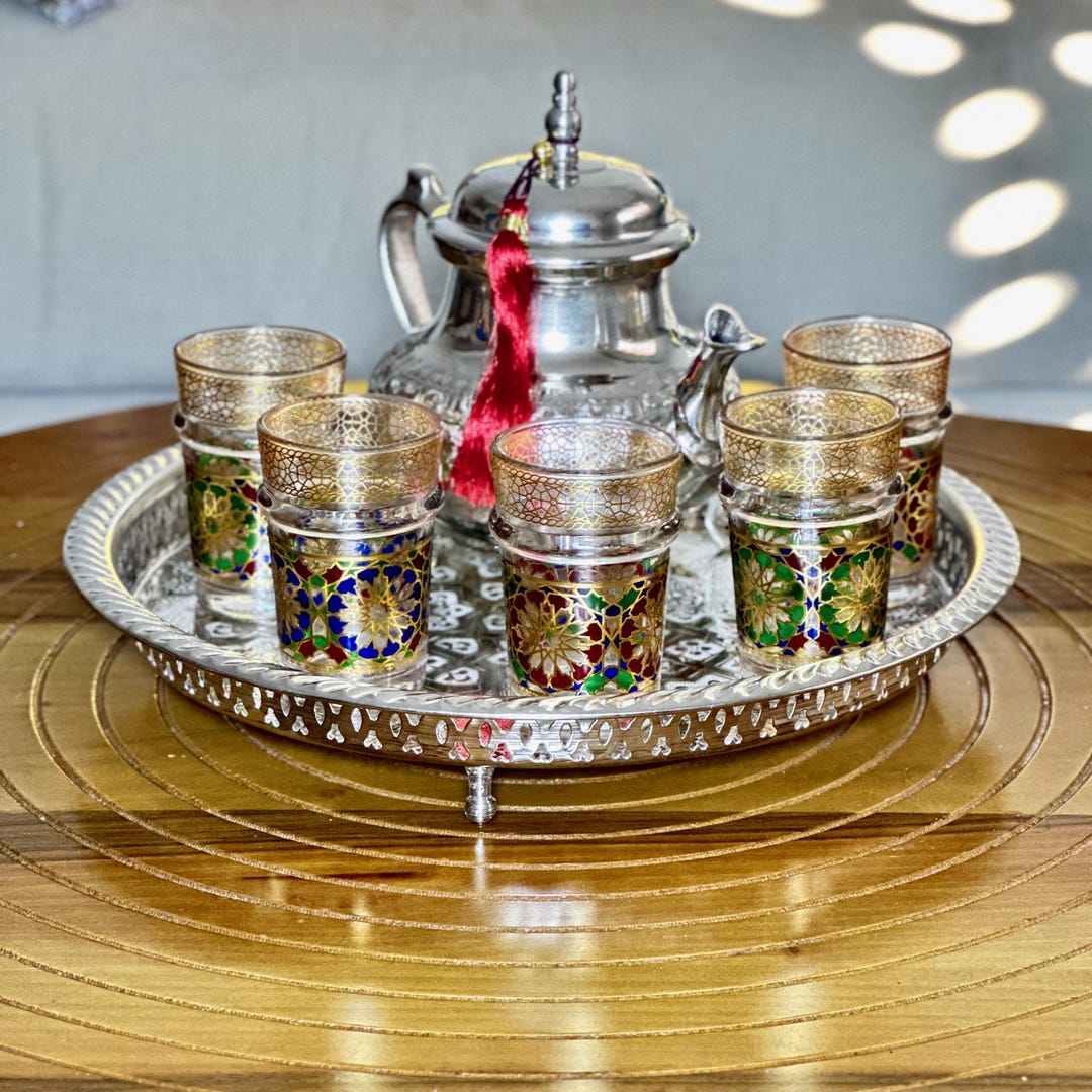 Moroccan Tea Set: Silver Tray, Teapot & Handcrafted Glasses - Etsy