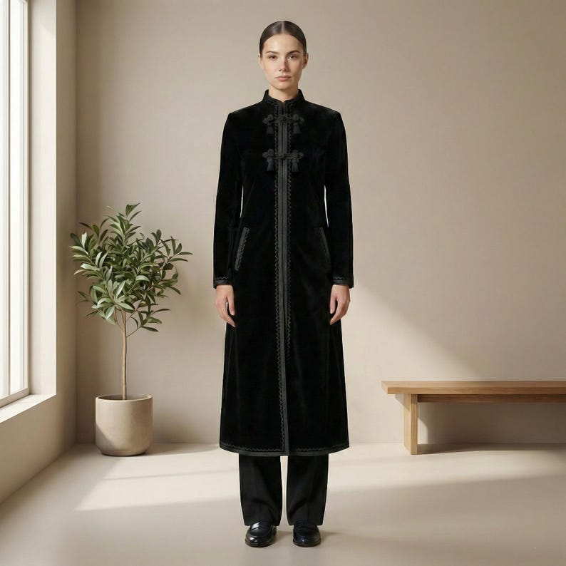 Velvet Duster Coat | Embroidered Opera Coat Black | Knee Length Boho ...