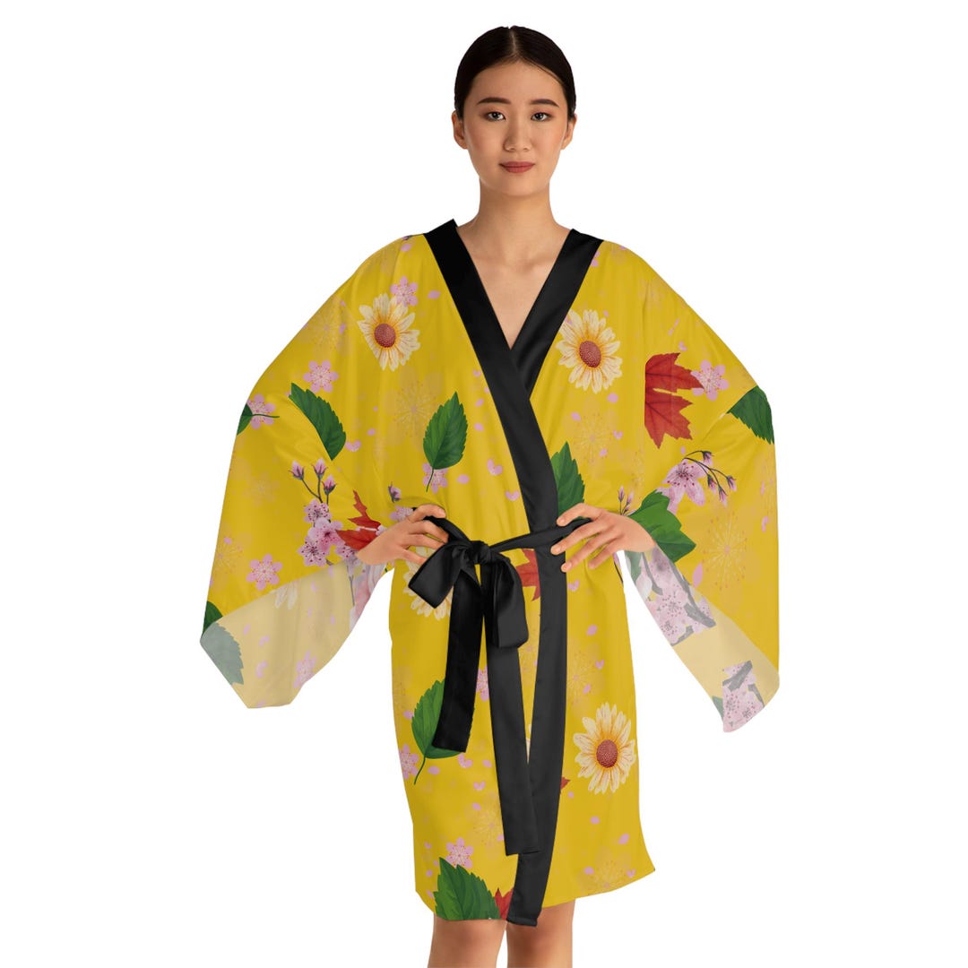 Autumn Leaf Yellow Kimono Robe, Cherry Blossom Kimono Dress, Pink Leafy ...