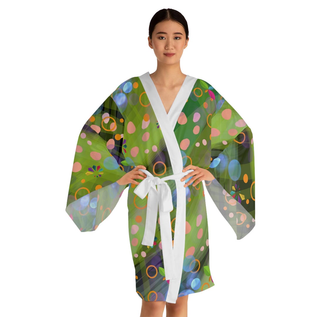 Colorful Polka Dots Kimono Robe, Geometric Circle Print Design, Vibrant ...