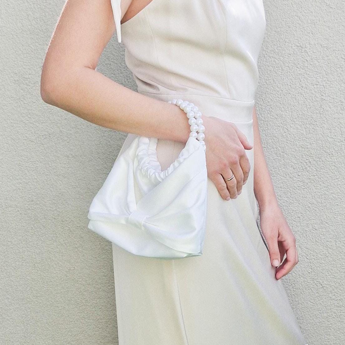 Ivory Bridal Bow Bag: Handmade Satin Clutch With Pearl Handle - Etsy