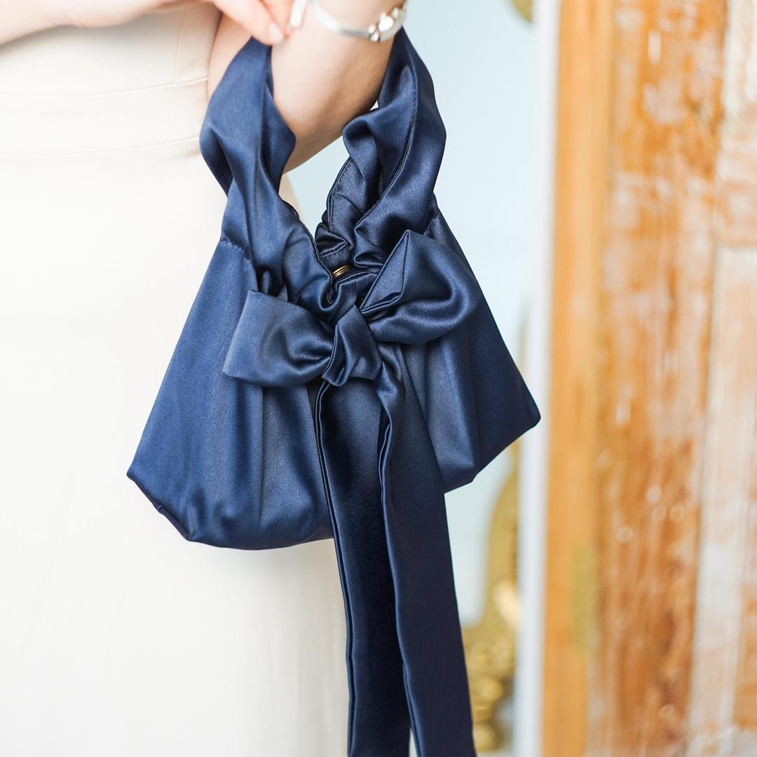 Navy Blue Satin Bow Bag - Elegant Evening Purse,wedding Gest Clutch ...