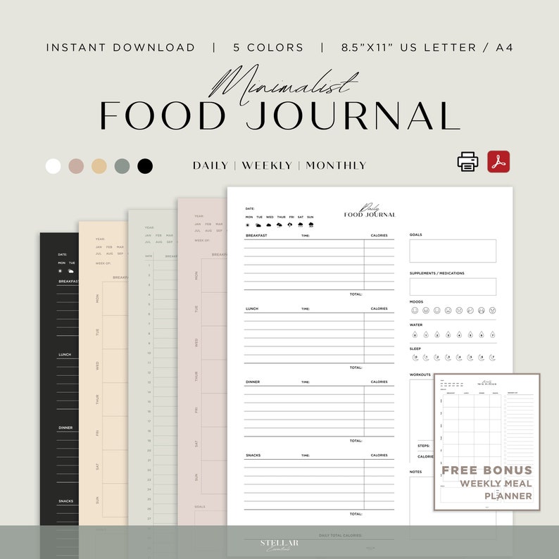 Digital Printable Food Journal, Weekly Food Journal, Monthly Food Log ...