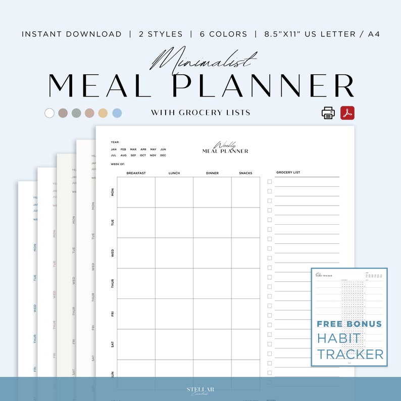 Weekly Meal Planner Printable Grocery Lists, Digital Meal Prep Planner ...
