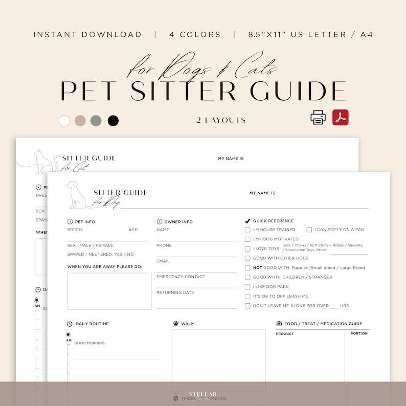 Pet Sitter Guide, Dog & Cat Instructions, Pet Care Instructions, Cat ...