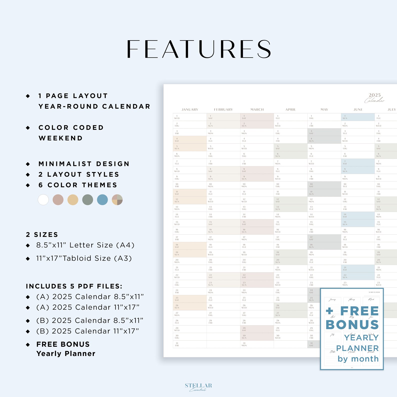 2025 Yearly Calendar, Full Year 2025 One Page Calendar, Monthly Planner ...