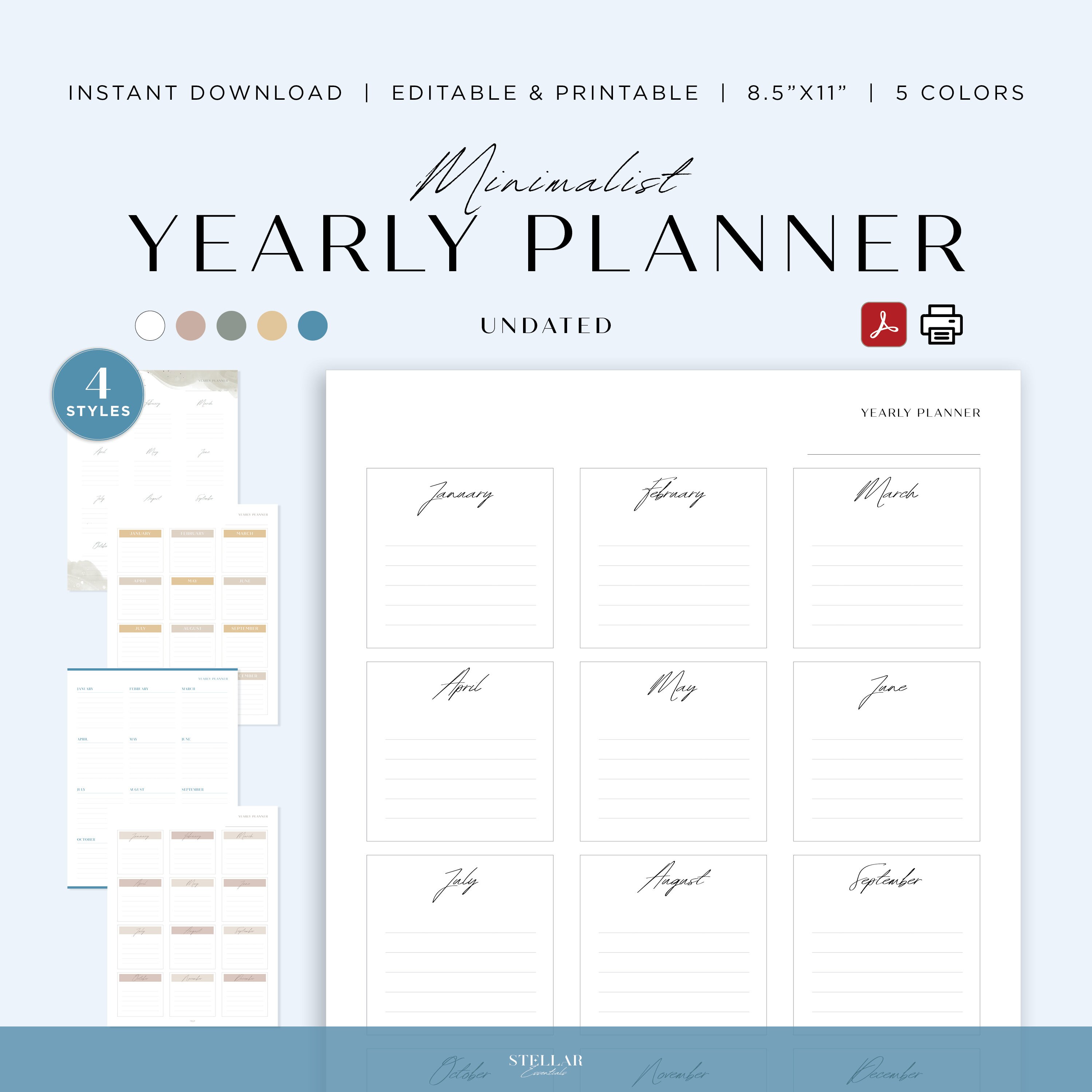 Editable Yearly Planner, Minimalist Printable Yearly Planner, Year at a ...