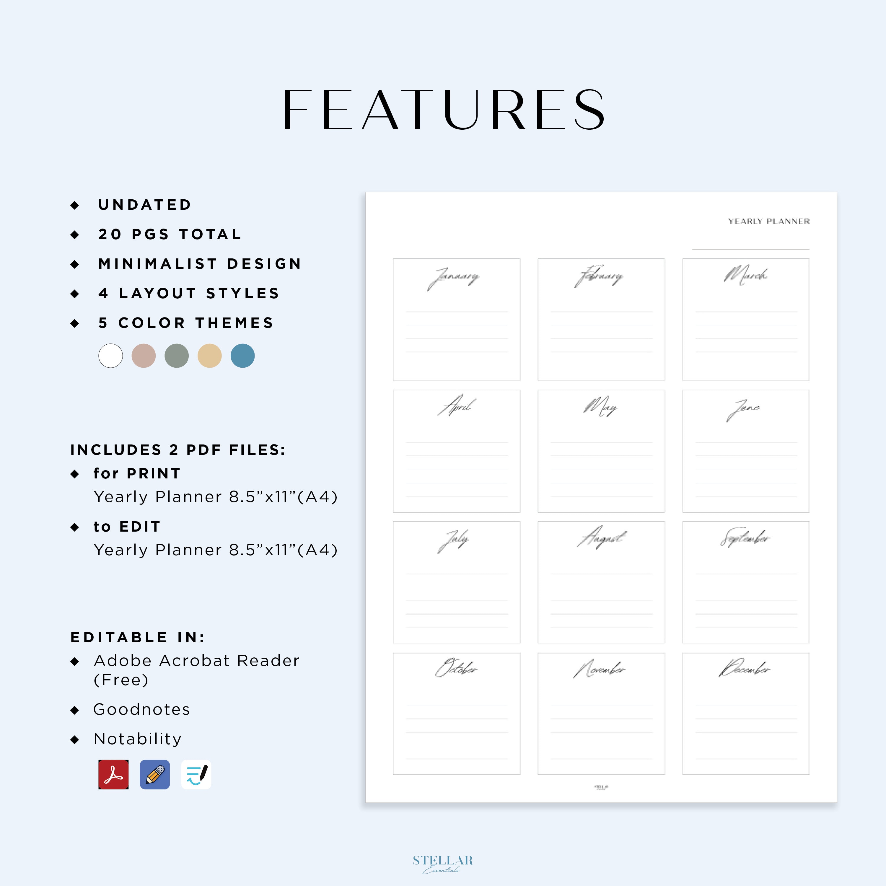 Editable Yearly Planner, Minimalist Printable Yearly Planner, Year at a ...