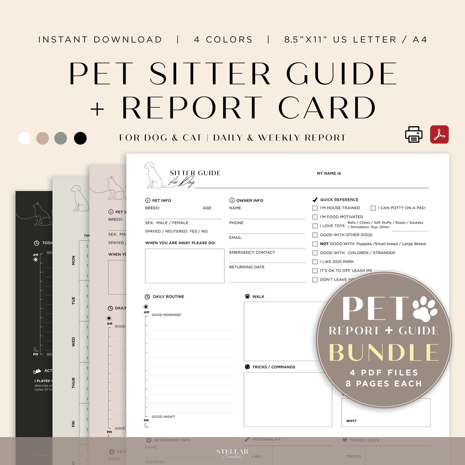 Pet Sitter Guide, Dog & Cat Report Card BUNDLE, Pet Care Instructions ...