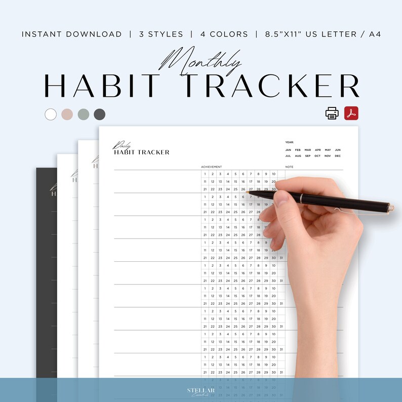 Monthly Habit Tracker Printable, Digital Editable Habit Tracker, Daily ...