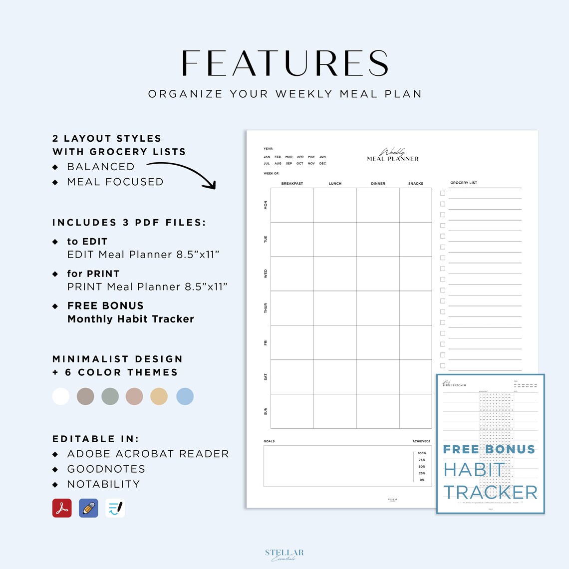 Weekly Meal Planner Printable Grocery Lists, Digital Meal Prep Planner ...